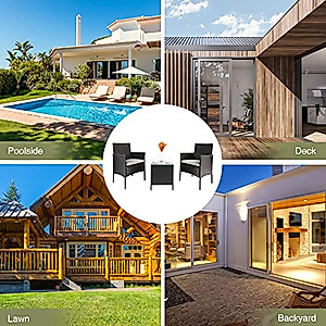 PAIQIAN 3 Pieces Patio PE Rattan Wicker Chairs with Table Outdoor Bistro Conversation Sets Garden Furniture for Yard Backyard Lawn Porch Poolside Balcony, Black/Grey