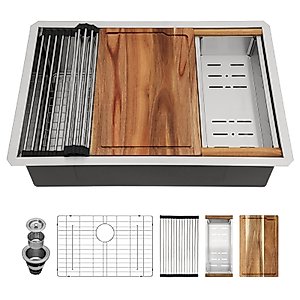 Couoko 27 inch Undermount Workstation Kitchen Sink 27x19 Stainless Steel 16 Gauge Undermount Sink Deep Single Bowl Handmade Under Counter workstation Sink Basin with Cutting Board