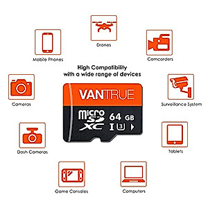 Vantrue 64GB microSD Card with Adapter, U3 UHS-I High Speed SD Card for Dash Cams & Home Security System Video Cameras