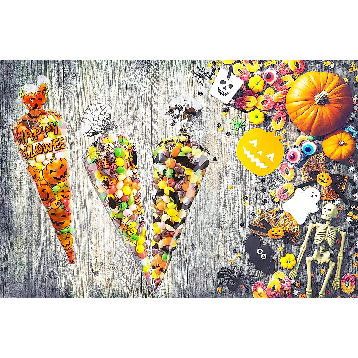 Halloween Bags for Candy 150Pc Cellophane Cone Treat Bags with Twist Tie (Bat Spider Web Pumpkin Candy Cone Bags)