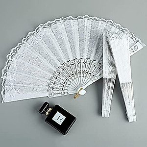 sehtorry White Lace Hand Folding Fan Bridal Dancing Props Floral Handheld Fan for Women Wedding Décor or Party Dess-up Favors