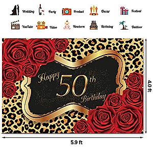 Sexy Leopard Print red Rose Theme for Girl's Woman's 50th Birthday Party Birthday Party Photography Background, Girl Party Banner Dessert Table Decorated 4x6ft