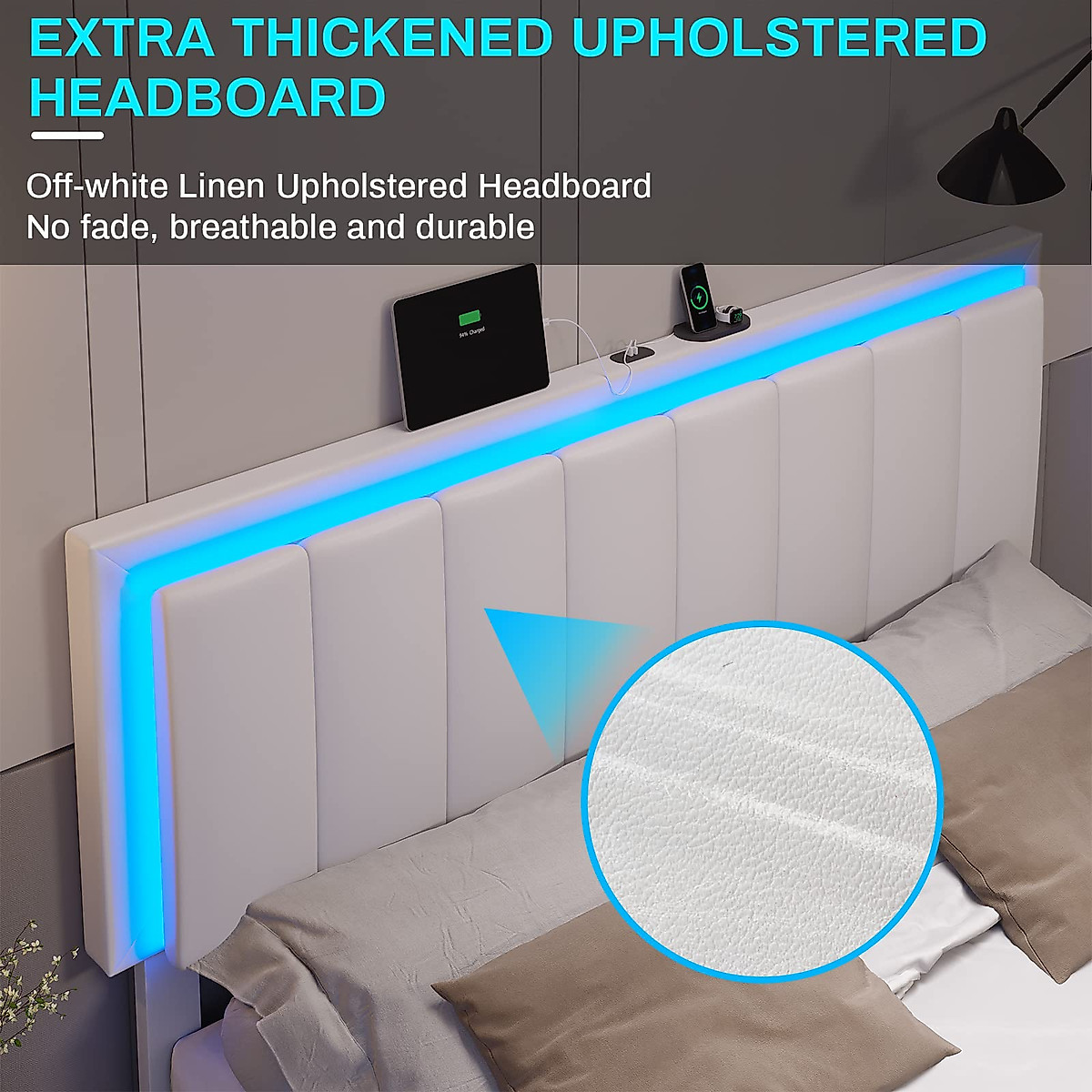 Hasuit Queen Bed Frame with Headboard and LED Light, Vegan Leather Platform Bed Queen Size with Charging Station, Upholstered Headboard Height Adjustable, Noise Free, Easy Assembly, White