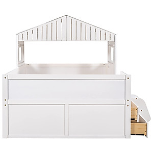 House Low Loft Bed with Trundle and Full-Length Guardrails,Wooden Bed Frame with with A Roof and Window for Bedroom (White with 4 Drawers, Full)