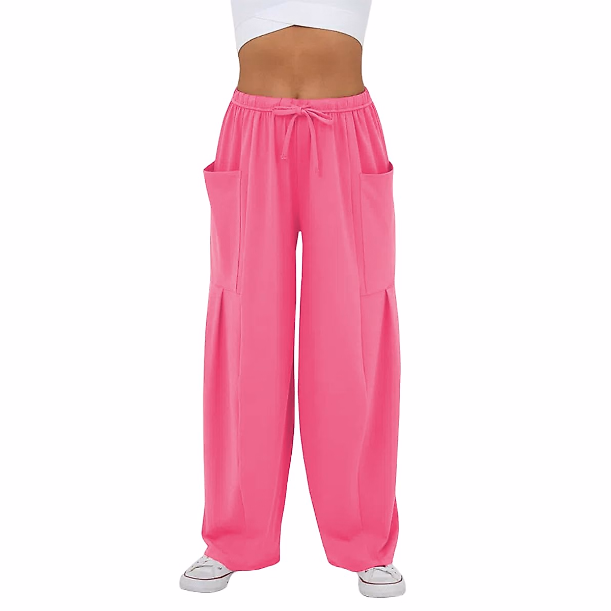 Mincib Women's Elastic Wide Leg Pants High Waisted Casual Loose Flowy Lounge Palazzo Pants Trousers with Side Pockets, Rose, XL