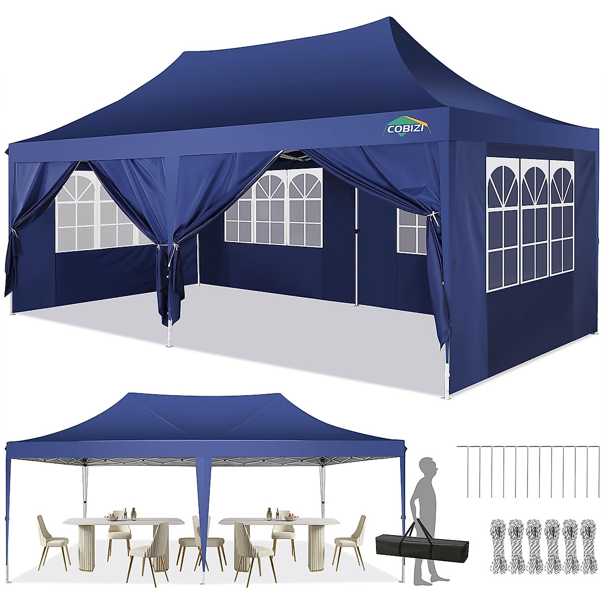 COBIZI 10x20 Canopy with Sidewalls Pop Up Canopy Tent Large Party Tents Commercial Canopy for Parties, 3 Adjustable Height, UV50+ &Waterproof, Outdoor Gazebo, Bonus Carry Bag, Stakes, Ropes, Blue