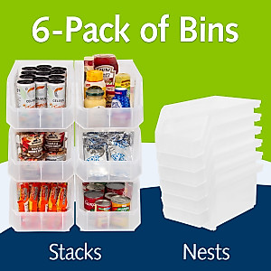 ReadySpace Plastic Containers for Organizing and Storage Bins for Closet, Kitchen, Office, Garage or Pantry Organization, Stackable Bins, Large (14.8" x 8" x 7"), 6-Pack, Clear