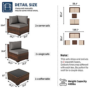 UDPATIO Patio Furniture Sets, Modular Rattan Outdoor Patio Sectional Furniture Sofa Set, Wicker Patio Conversation Set for Backyard, Deck w/Glass Coffee Table, 5PC Brown/Grey (Include Sofa Cover)