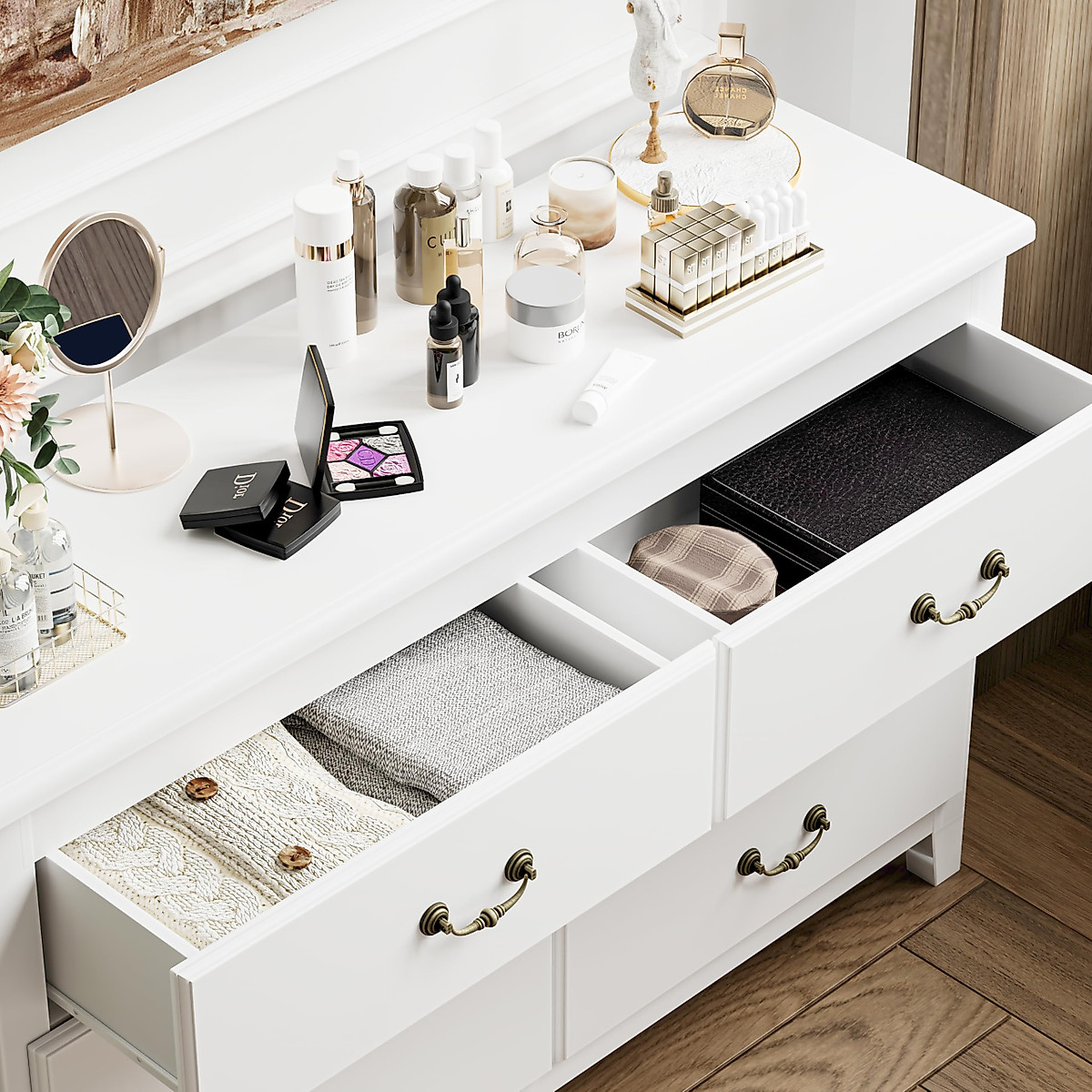HOUROM White Dresser, Modern Farmhouse 6 Drawer Double Dresser for Bedroom Adults & Kids with Vintage Gold Pulls, Wide Dressers & Chests of Drawers, 6 Drawer Dressers for Hallway, Antique White