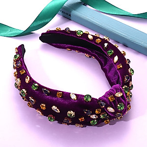 CENAPOG Mardi Gras Rhinestone Knotted Headband for Women Sparkly Crystal Embellished Hairbands Twist Turban Headband Elastic Wide Velvet Hair Hoop Party Wedding Headwear for Girls (Velvet Purple)