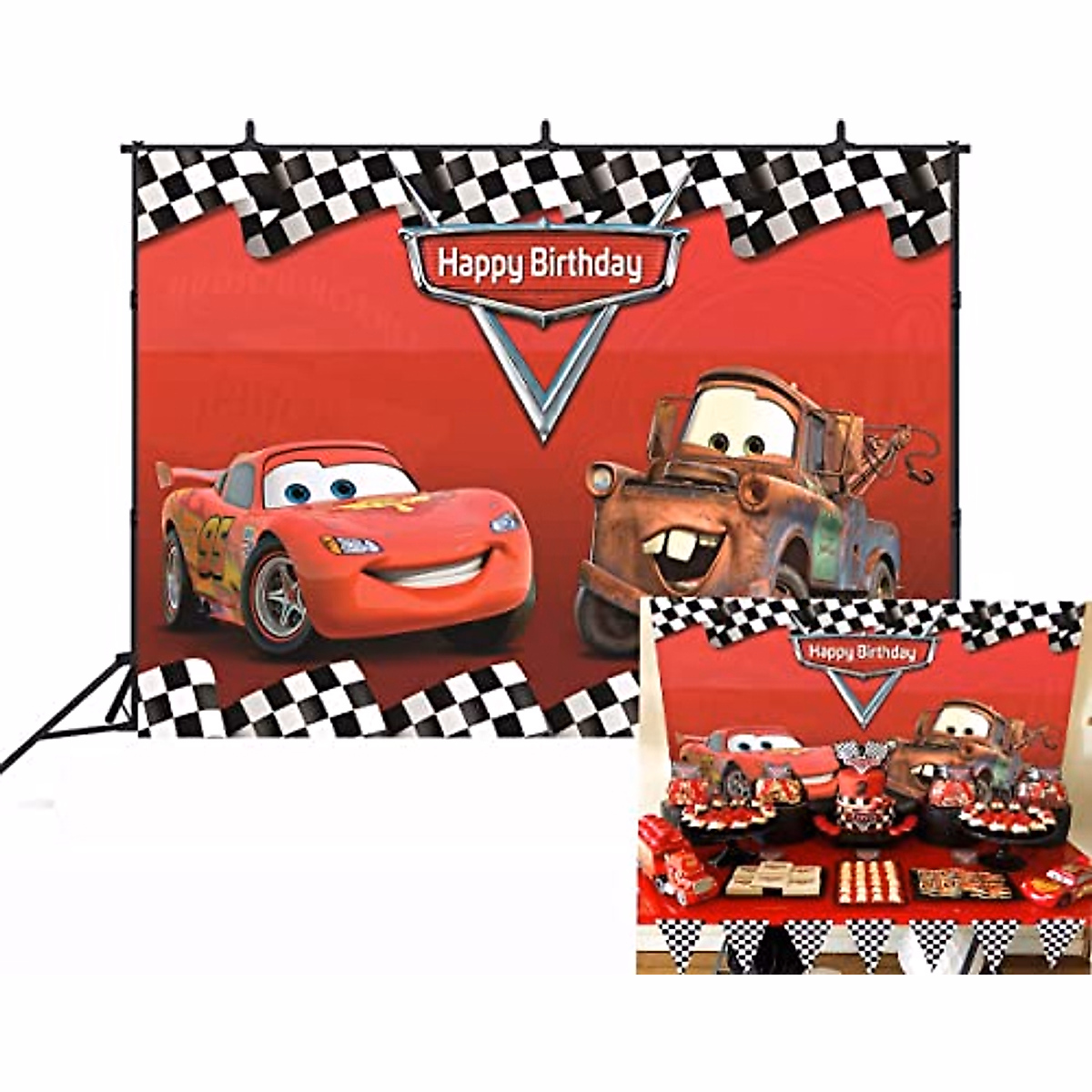 Botong 7x5ft Cartoon Car Birthday Party Themed Backdrops Car Racing Story Black White Grid Red Photo Backgrounds for Photography Birthday Party Banner