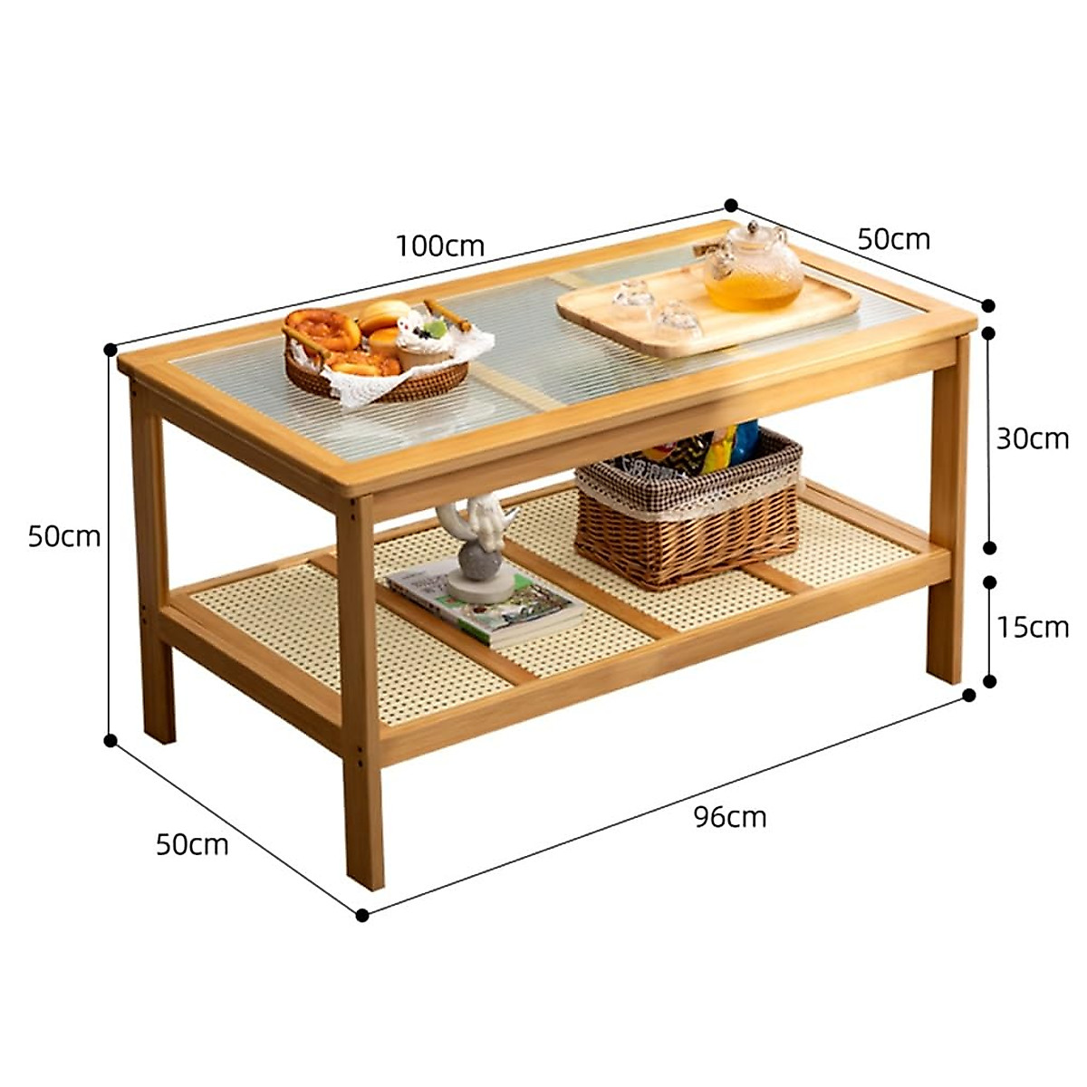 Mid Century Modern 2-Tier Center Table with Open Storage Shelf, Rattan Coffee Table, Boho Rectangular Bamboo Cocktail Table for Living Room
