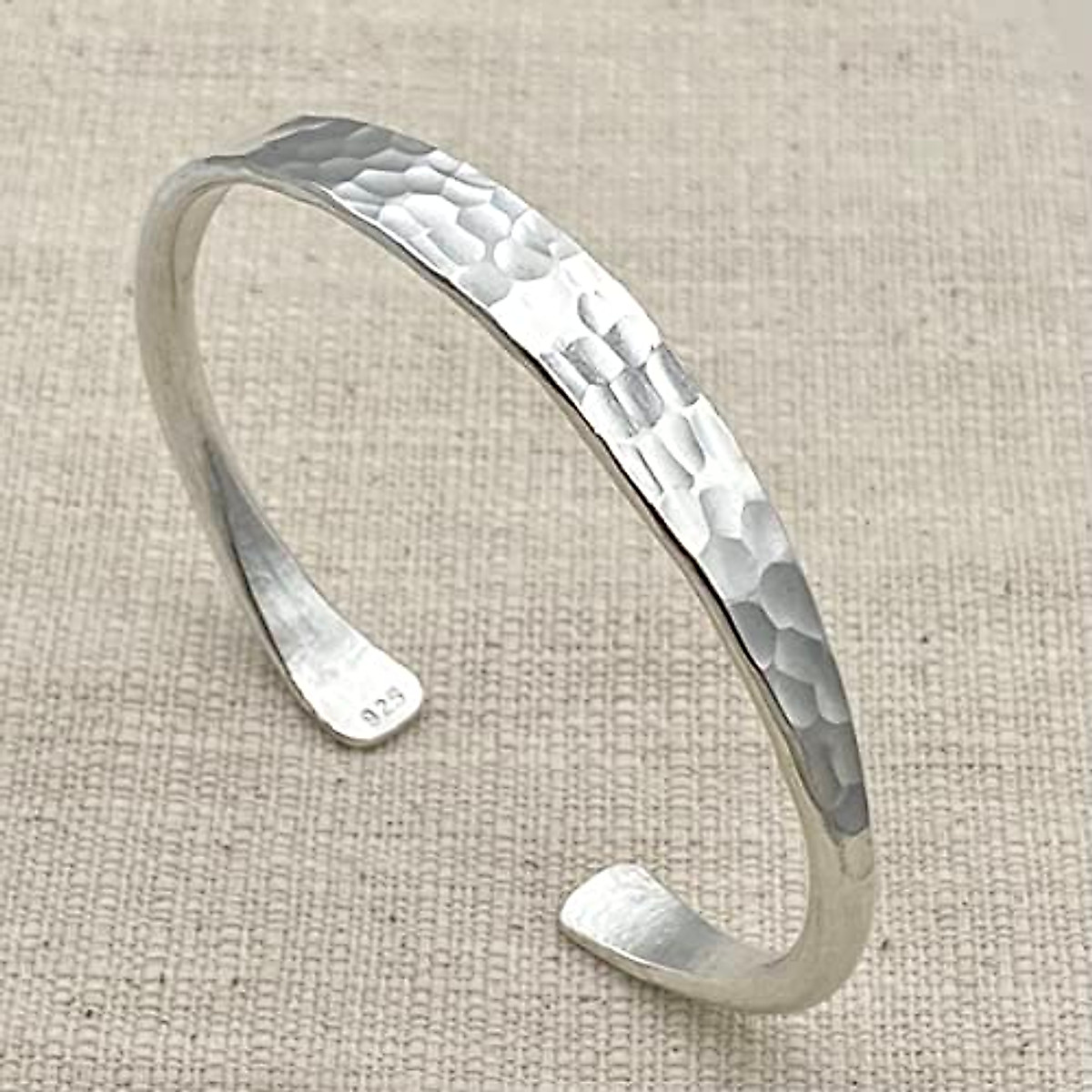 Hammered Sterling Silver Handmade Cuff Bracelet, Minimalist Simple Shiny Silver 1/4 inch Wide, 6 1/2 long, Thick and Solid, Gift for Her