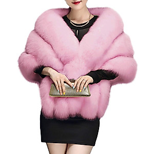 UMREN Women's Luxury Party Faux Fox Fur Long Shawl Cloak Cape for Winter Pink A