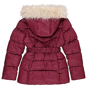 Juicy Couture Girl's Long Fur Hooded Belted Heavy Weight Parka Puffer Jacket, Warm Padded Winter Coats for Girls, Wine Red/M