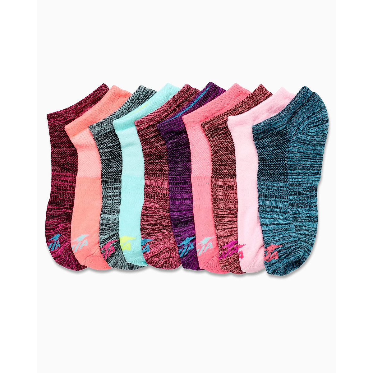 Avia Girls' Socks - 10 Pack Athletic Low Cut No Show Cushioned Liners, Size Medium, Turquoise Multi