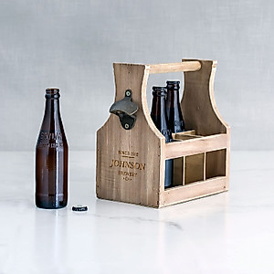 Weddingstar Custom Personalized Wooden Beer Bottle Caddy Holder with Metal Bottle Opener - Brewery Co. Etching