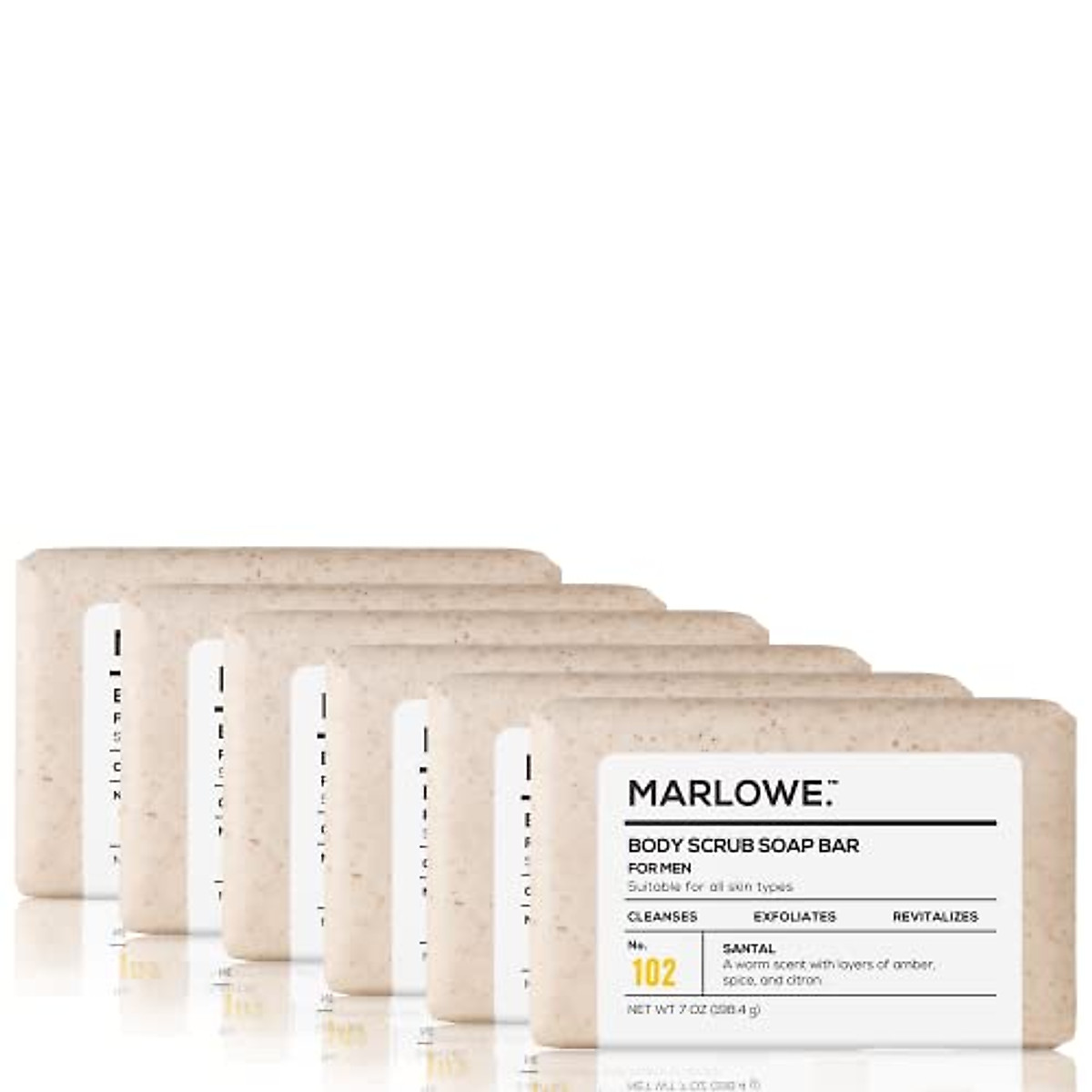MARLOWE. No. 102 Men's Body Scrub Soap 7 oz | Warm Santal Scent | Best Exfoliating Bar for Men | Made with Natural Ingredients | Green Tea Extract | 6-Pack