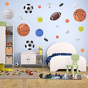 AnFigure Sport Wall Stickers Boys Wall Decals Baseball Soccer Basketball Football Hockey Badminton Wall Decor Boys Bedroom Nursery Playroom Classroom Living Room Wall Decorations