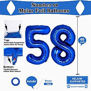 UWPVOWSR Blue Number 58 Balloons 40 inch Foil Number Balloon 58th Birthday Balloons Digit 58 Helium Big Balloons for Birthday Party Decorations Wedding Bachelorette Bridal Shower, Blue Number 58