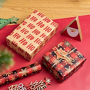 LeZakaa Christmas Kraft Wrapping Paper - Mini Roll - Reindeer/Buffalo Plaid with Snowflake/HOHOHO Lettering for Gift Wrap, Arts Crafts - 17 x 120 inches - 3 Rolls (42.5 sq.ft.ttl.)