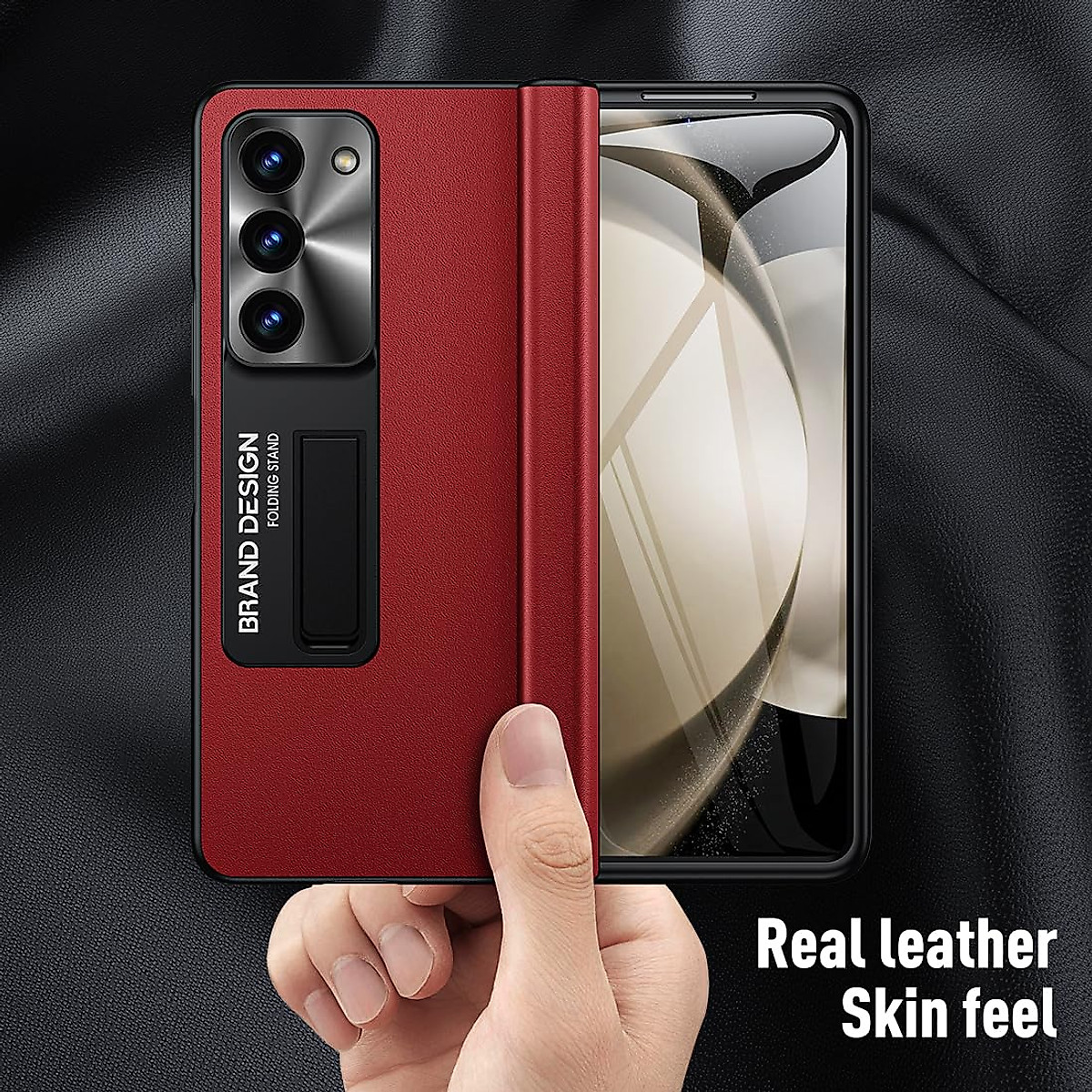 LEIAU for Samsung Galaxy Fold 5 Case: Luxury Genuine Leather case with Full Cover Hinge Protection & Screen Protector & Kickstand - Shockproof Protective Phone Case for Galaxy Z Fold 5 5G Red