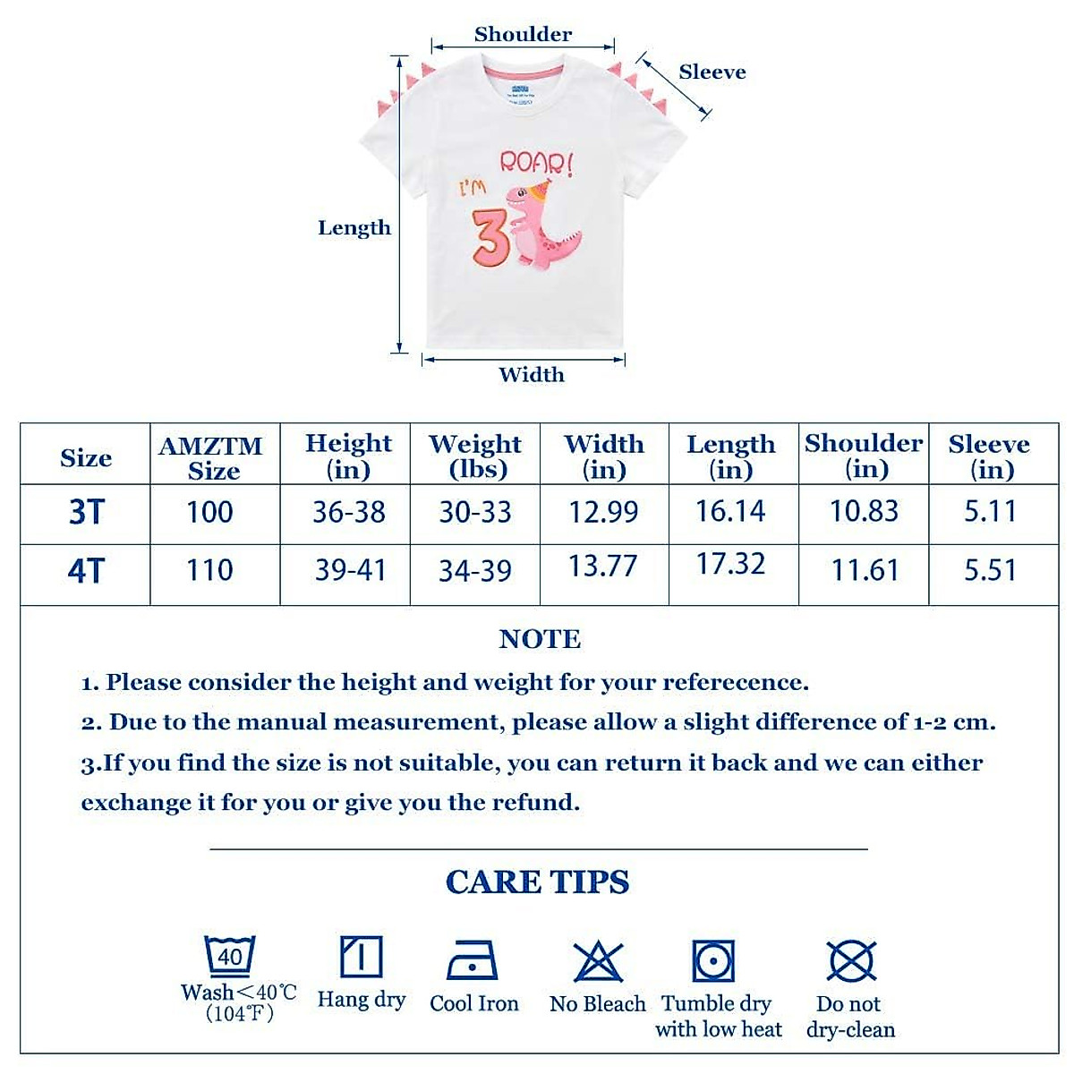 AMZTM 3rd Birthday Girl T-Shirt Dinosaur Party B-Day Themed Tee Gift for Toddler (US, Age, 3 Years, White)