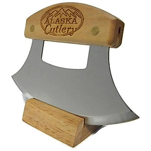 The Ulu Factory Alaska Birch Cutlery Ulu Knife 6" Stainless Steel Blade with Block Wood Stand