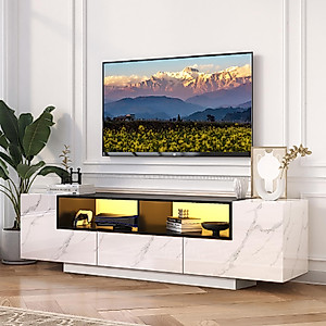 HOMFAMILIA 70in LED TV Stand for 75 Inch TV, Large Gaming Entertainment Center with Storage Cabinets and Open Shelves, Modern TV Console for Living Room, Bedroom(White Marble)