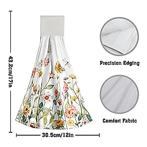 Wild Flowers Hanging Tie Towels Set 2 Pcs Summer Spring Floral Kitchen Hand Towel Absorbent Soft Coral Velvet Tea Bar Dish Dry Cloth for Kitchen Bathroom