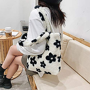 Plush Underarm Bag, Ladies Fluffy Shoulder Bag, Women Furry Flower Tote Bag Y2K Plush Handbag for Autumn and Winter