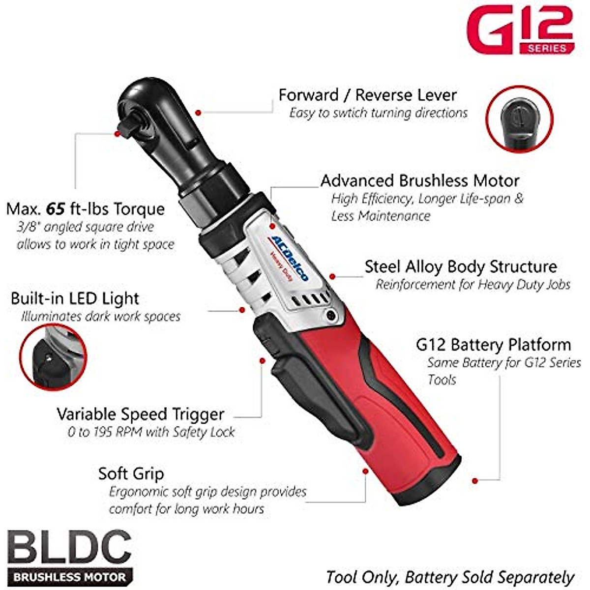 ACDelco ARW12103-K1 G12 Series 12V Cordless Li-ion 3/8” Brushless Ratchet Wrench & Impact Wrench Combo Tool Kit with 2 Batteries