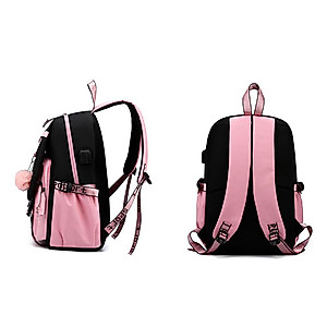 MONMOB Backpack Laptop bag School Bag Bookbag with USB Charging&Headphone Port(Black&Pink)
