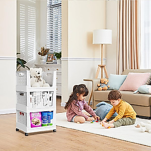 Stackable Storage Bins, Folding Collapsible Closet Organizers and Storage Bins Box, Plastic Shelves Drawer Organizer Container for Closet Office Bedroom Kitchen Bathroom with Wheels, White, 3 Pack