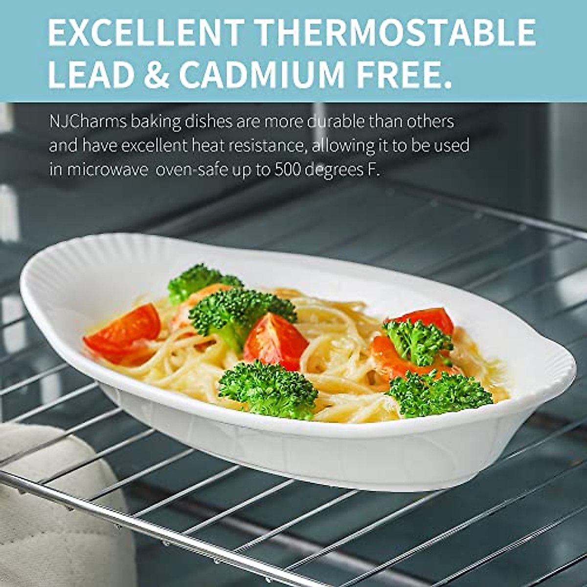 NJCharms Oval Au Gratin Baking Dishes for Oven Safe and Microwave Cooking, White Porcelain Small Mini Casserole Dish, 9 Inch, Set of 6