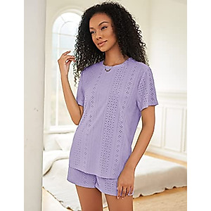 Ekouaer Women's Short Sleeve Pajama Sets Lounge Top and Shorts Hollow Out Pj Outfits Set for Summer (Purple, S)