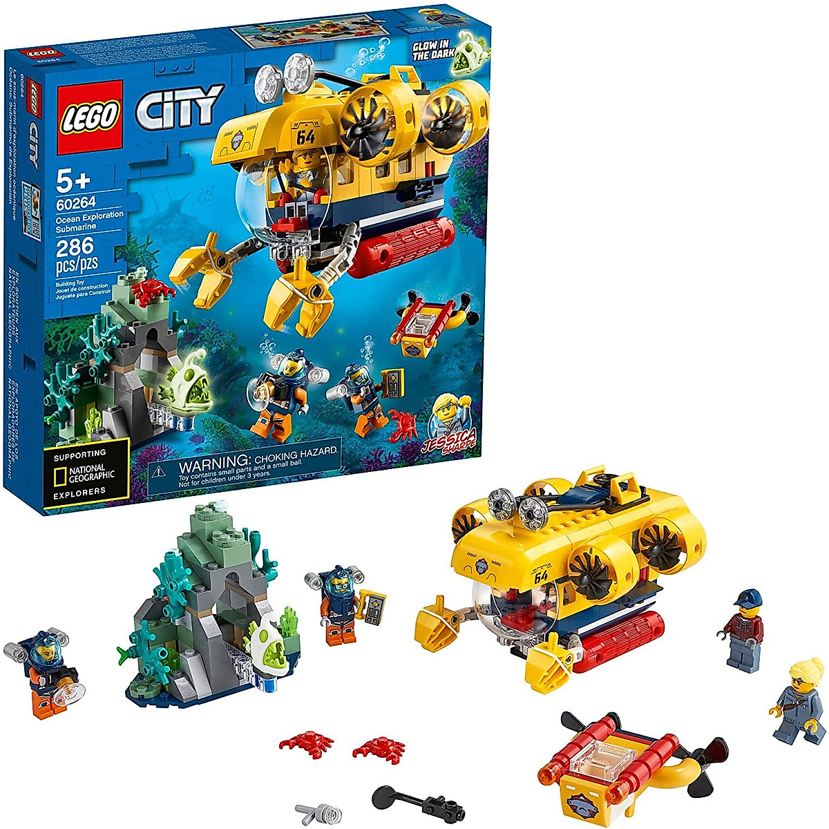 LEGO City Ocean Exploration Submarine 60264, with Submarine, Coral Reef Setting, Underwater Drone, Glow in The Dark Anglerfish Figure and 4 Explorer Minifigures (286 Pieces)