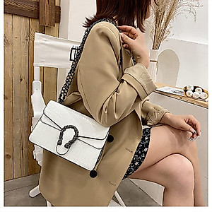 GLOD JORLEE Women's Stylish Chain Strap Crossbody Shoulder Bags - Classic Stone Crocodile Pattern Leather Square Flap Handbag (White)