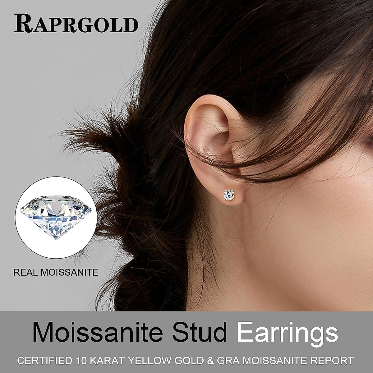 RAPRGOLD Moissanite Stud Earrings Lab Created 10K Real Yellow Gold Earrings Jewelry Gifts for Women Men, Solitaire Round Cut Moissanite Studs for Men Solid Gold in Secure Screw Back 1.60cttw 6mm