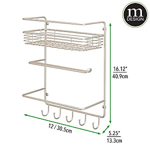 mDesign Metal Wall Mount Paper Towel Holder with Storage Shelf and Hooks for Kitchen, Pantry, Laundry, Garage Organization - Holds Spices, Seasonings, Pot Holders, Cookware - Satin