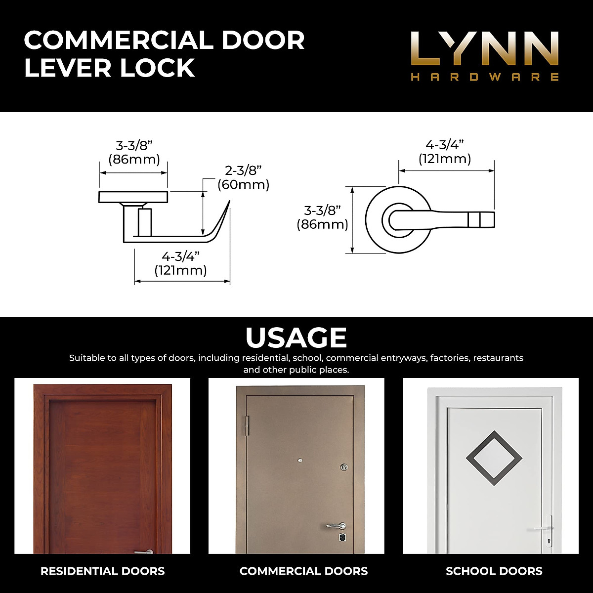 LYNN HARDWARE Commercial Door Lever Lock - Heavy-Duty Locking Door Handle, Designer Door Handles, Cylindrical Lever Lock, Non-Handed Grade 2 Door Handle, Satin Chrome, Storeroom Function