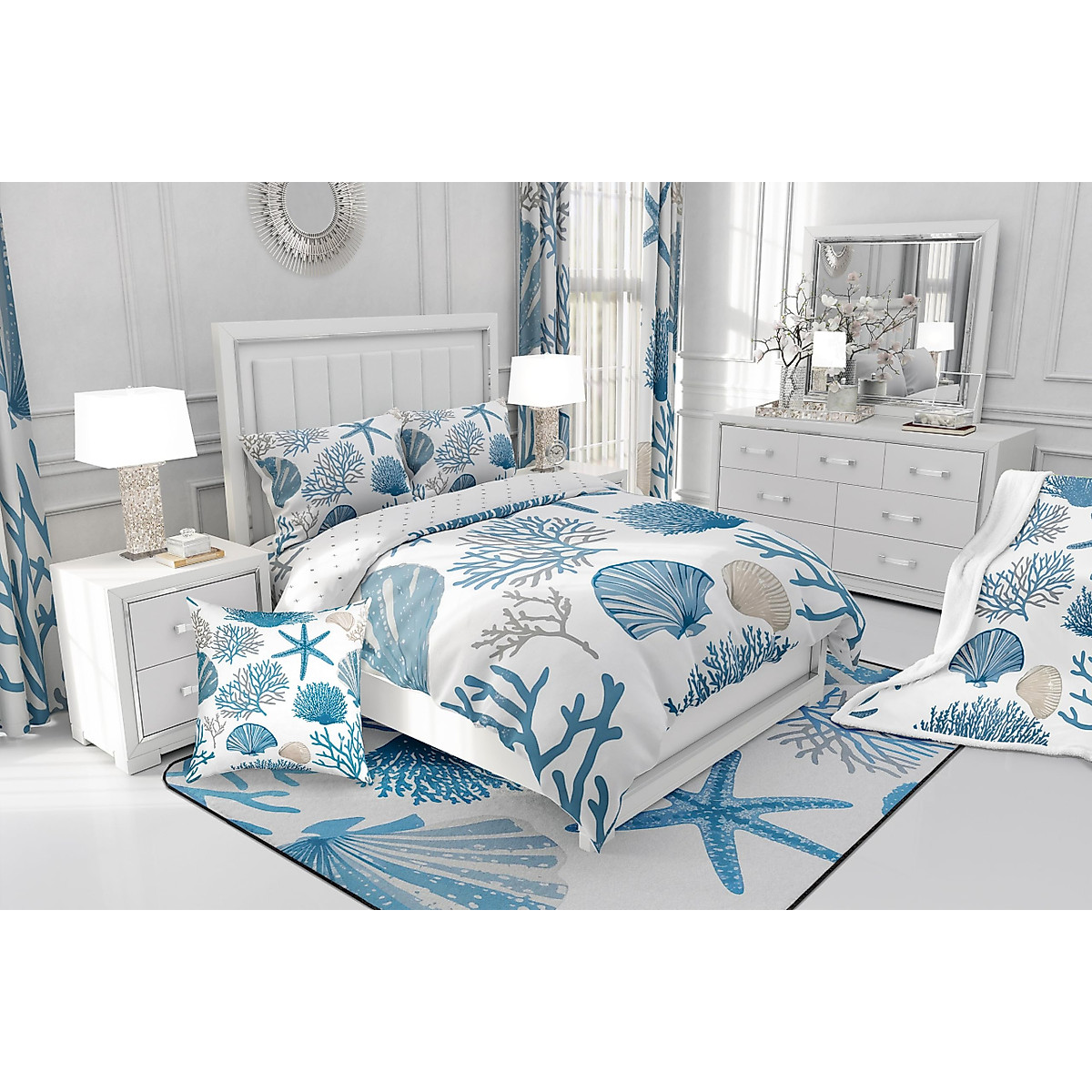 jejeloiu Boys Girls Abstract Bedding Set Twin Size, Ocean Duvet Cover Set 100% Cotton Beach Cotton Duvet Cover with 1 Pillow Case Kids Starfish Shell Teens Comforter Cover