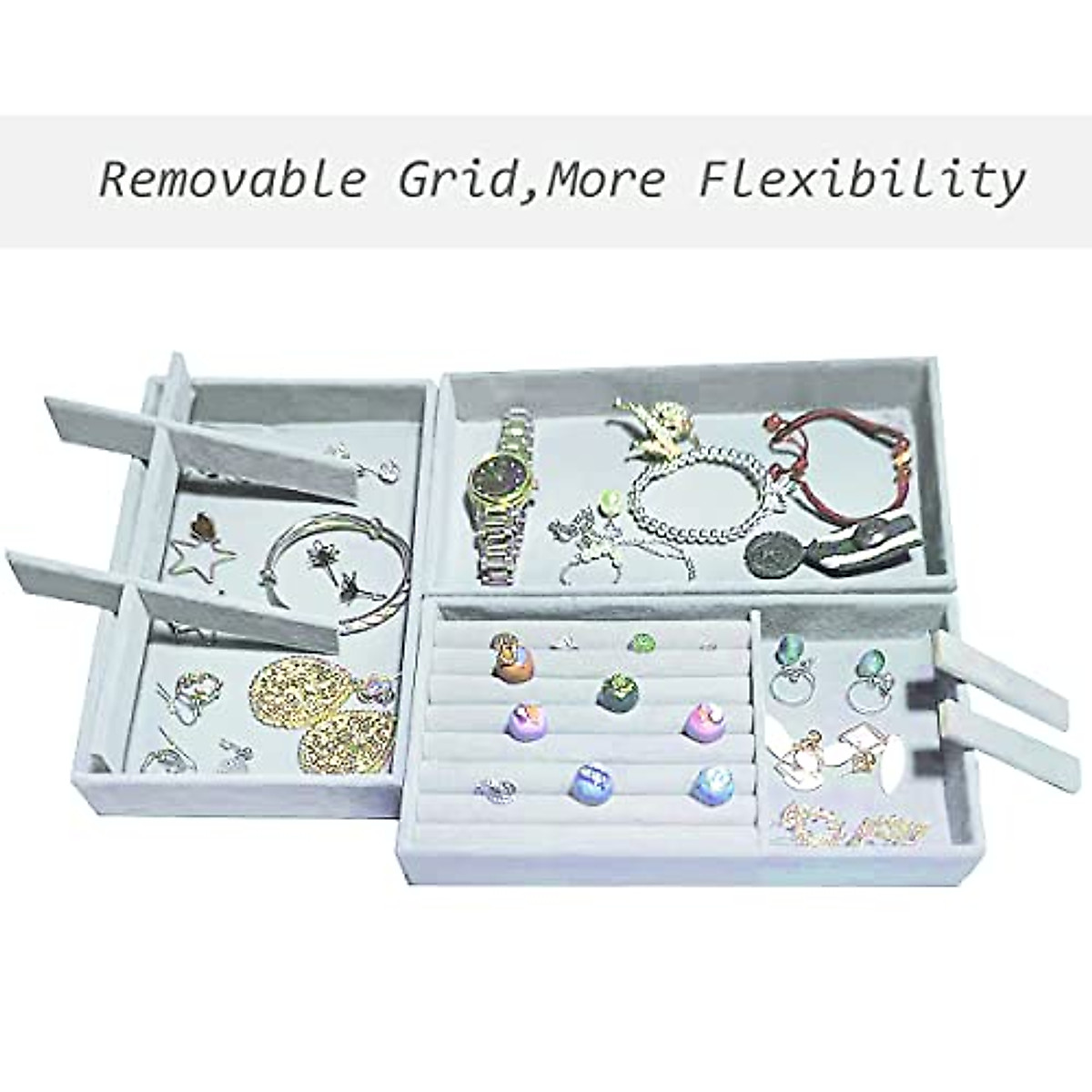 Philopack 3PCS Stackable Jewelry Organizer Trays-Drawer Storage Box Velvet Display Holder for Necklace Earring Bracelet Watch (Grey)