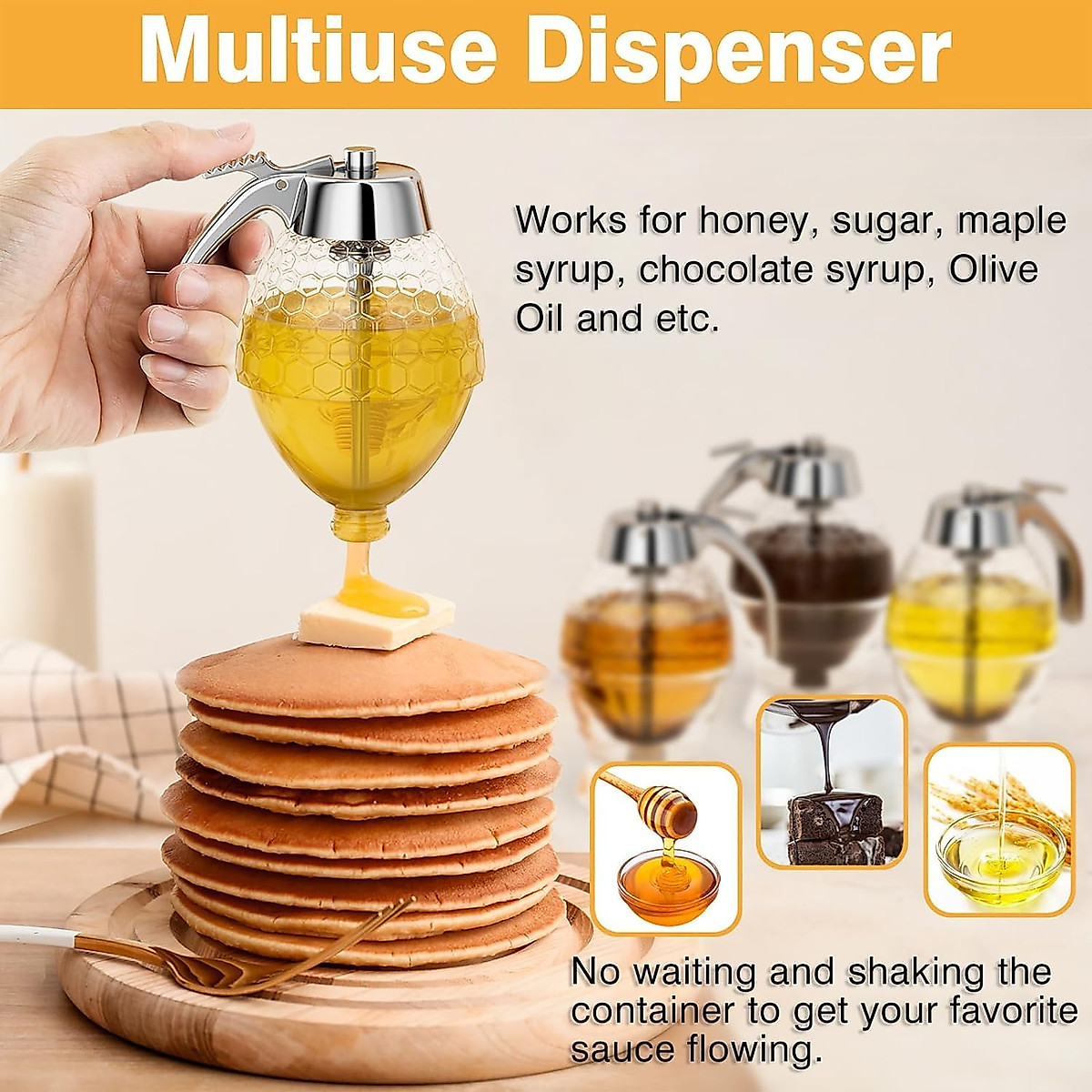 Honey Dispenser No Drip Glass, Maple Syrup Dispenser, Honey Jar with Stand, 8 oz Beautiful Honey Comb Shaped Honey Pot, Perfect Bee Decoration for Home Kitchen