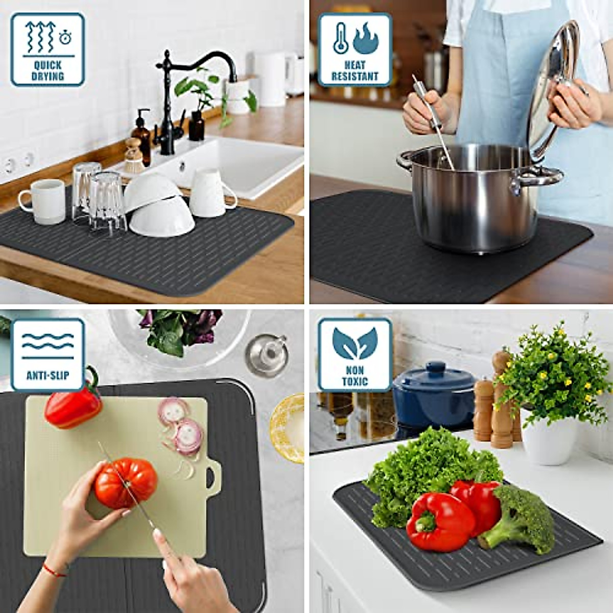 Large Silicone Dish Drying Mat for Kitchen Counter Size 20.5” x 17.7”, Eco Friendly Food Grade Drying Mat, Easy to Clean, Heat Resistant Hot Pot Holder, Dish Washer Safe