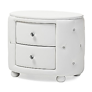 Baxton Studio Davina Hollywood Glamour Style Oval 2-Drawer Faux Leather Upholstered Nightstand, Medium, White