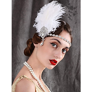 SWEETV 1920s Feather Headpiece Ivory, Womens Ostrich Feather Crystal Headband, Great Gatsby Hair Accessories for Women, Ribbon Tie