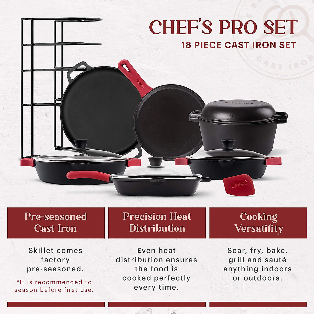 Cuisinel Cast Iron 18-Piece Preseasoned Cookware Set: 10"+12" Skillets w/Lids + 5-Qt Dutch Oven + 10.5" Square Grill Pan w/Lid + Pizza Pan + Round Griddle + 15" Organizer +Scraper + Silicone Handle