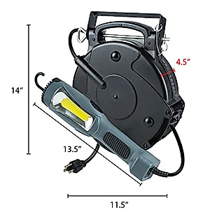 Alert ProReel 8150MM Retractable Cord Reel w/LED Work Light | 50' - 16/3 SJTOW Task Light Cord | 14W LED Shop Light Provides 1500 Lumens | Grounded Outlet with On/Off Handle Switch