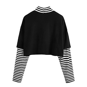 SweatyRocks Women's Color Block Butterfly Print Striped Long Sleeve Crop Top T Shirt Graphic Black White L